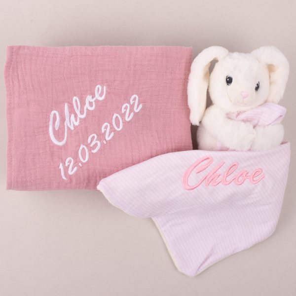 Personalised Pink Muslin Baby Wrap & Bunny Girl Gift