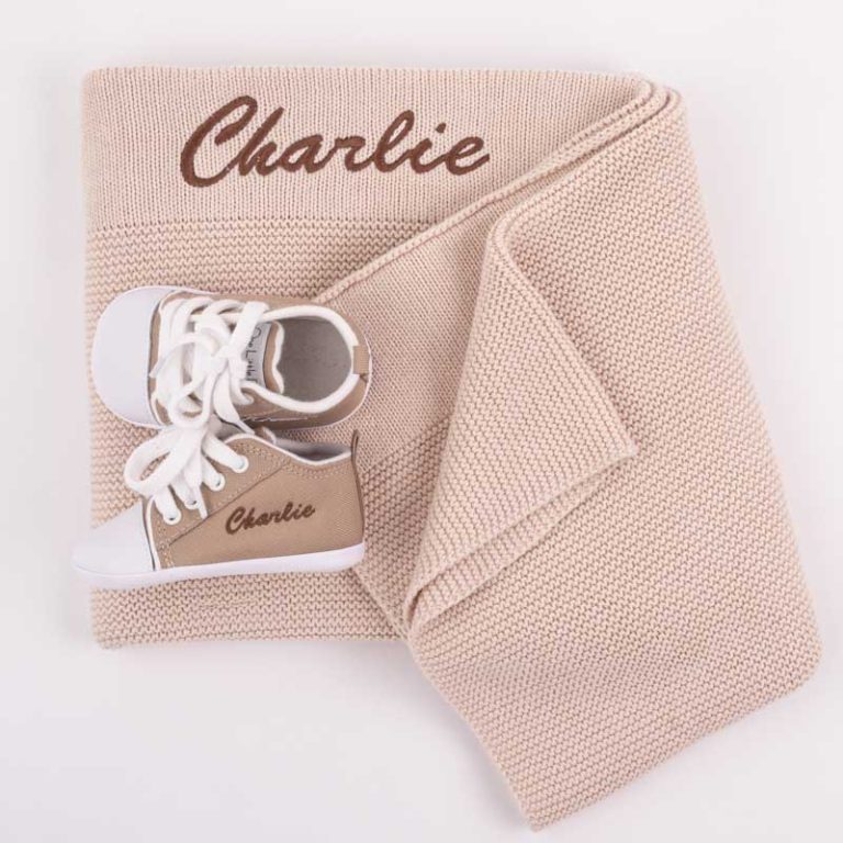Personalised Beige Baby Blanket Diamond Knitted